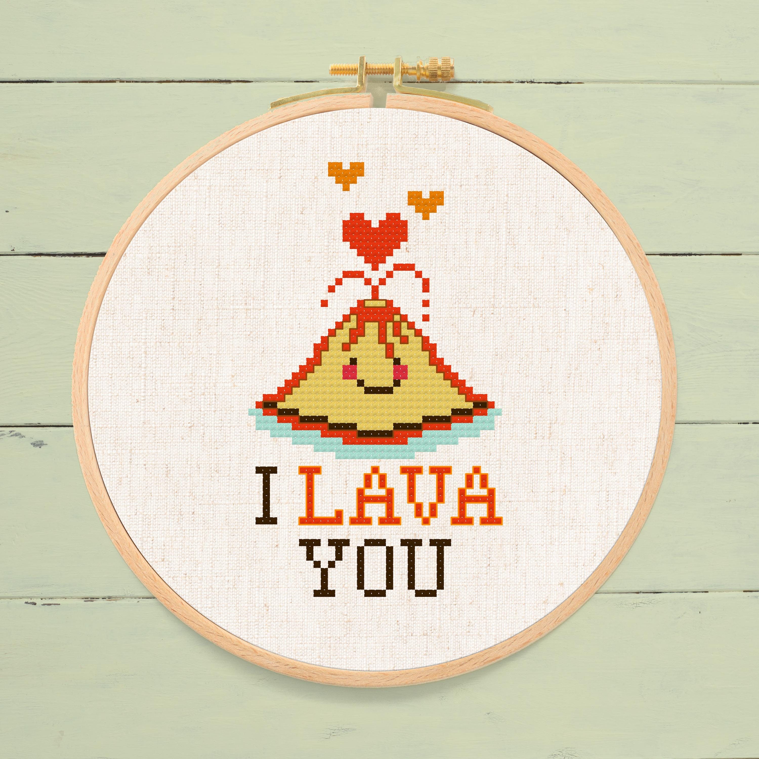 I Lava You Cross Stitch Pattern, Cute Erupting Heart Volcano Pun Modern ...