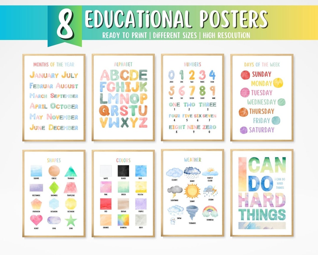 Set of 8 Watercolor Educational Posters | Classroom Decor | Nursery Art ...