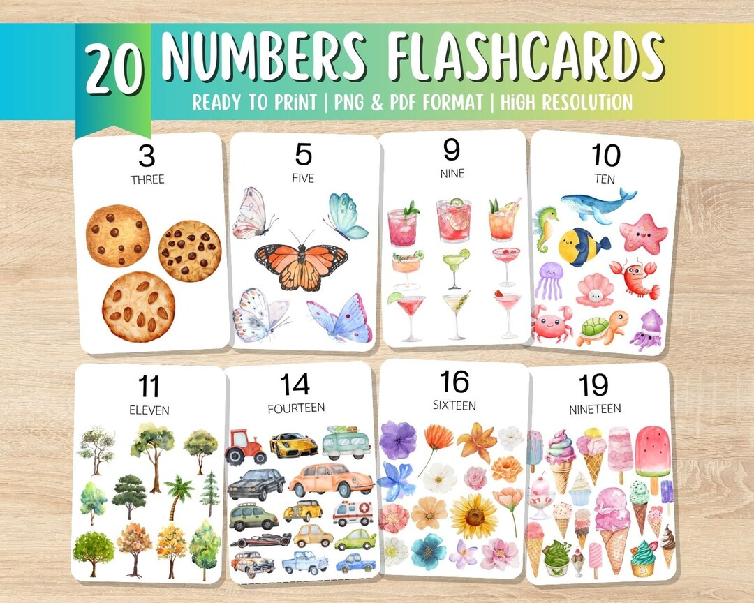 Watercolor Numbers 1-20 Flashcards | Educational Learning Cards ...