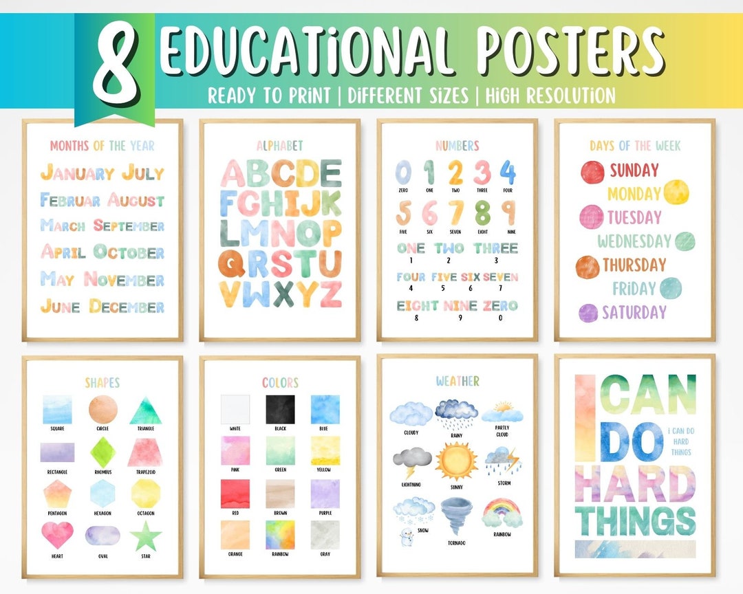 Set of 8 Watercolor Educational Posters Classroom Decor Nursery Art ...