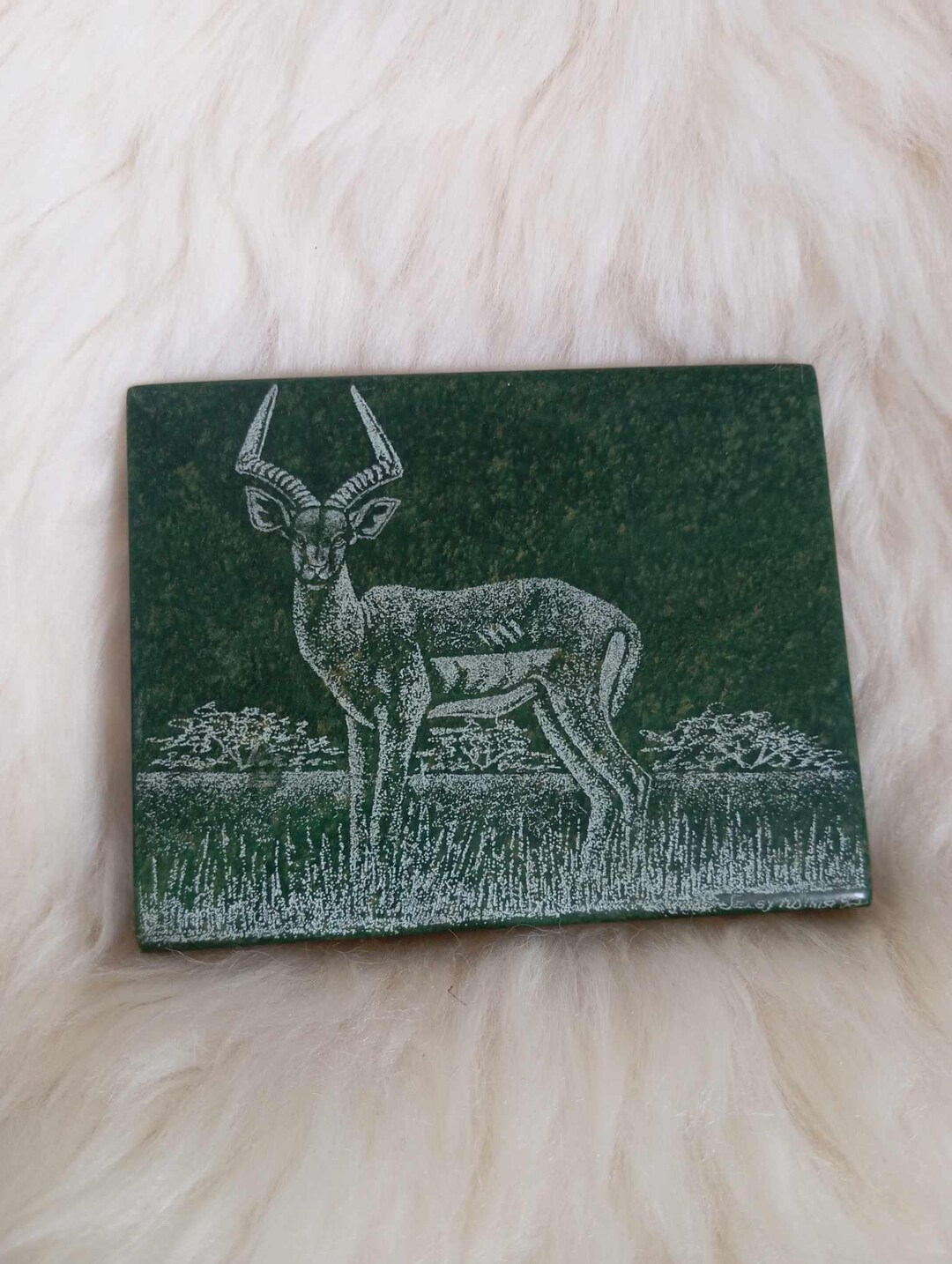 Vintage Etched Verdite Stone Antelope Safari Park Plaque Signed selby ...