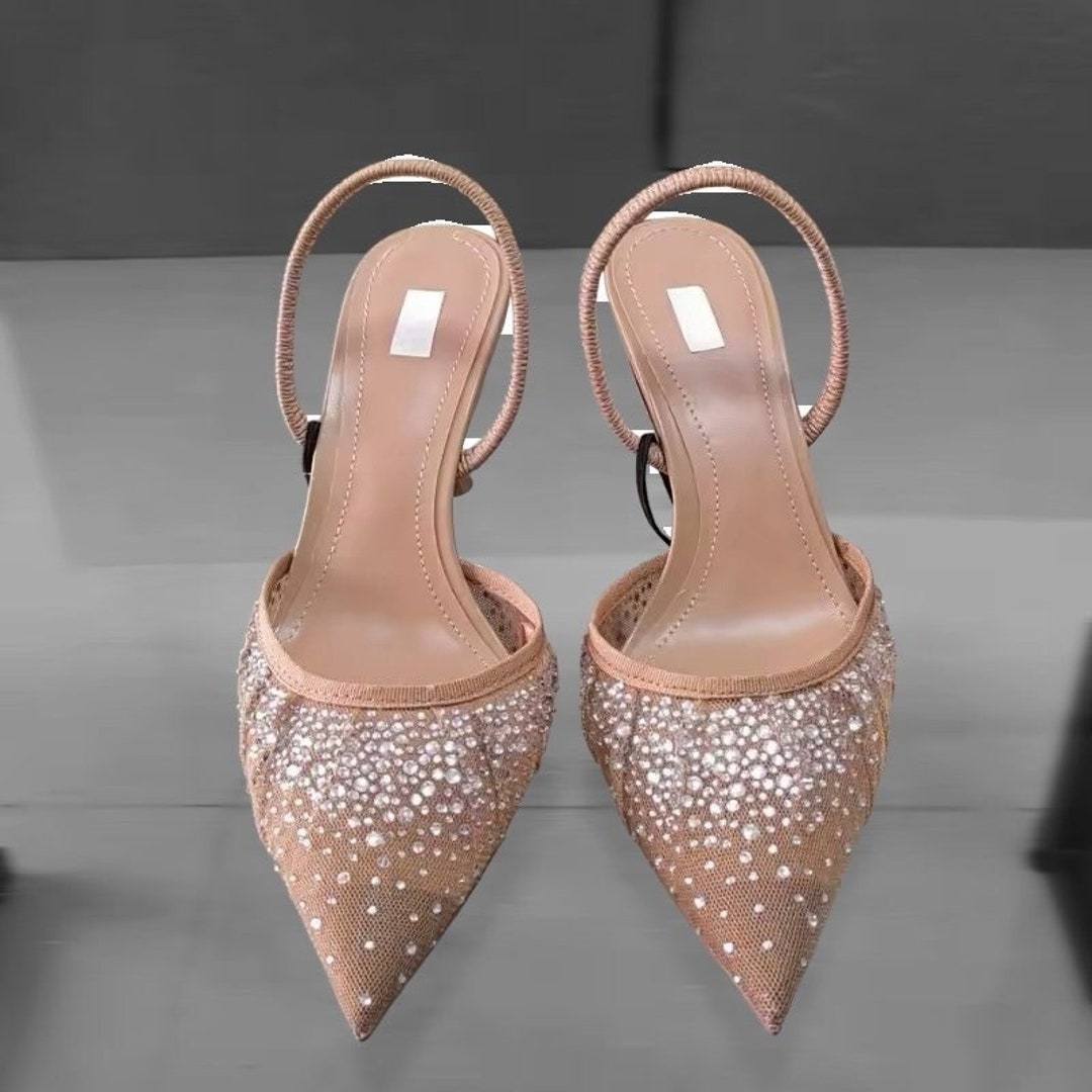 Elegant Nude Slingback Heels With Rhinestone Embellishments Sparkling ...