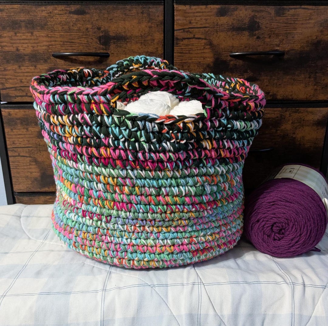 Large Crocheted Multi Color Storage Basket Tote Heavy Duty With Handles ...