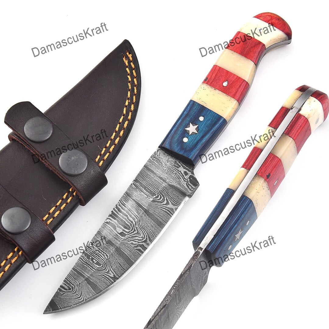 Damascus Steel Fixed Blade Texas Flag Handle Hunting Knife, Handmade ...
