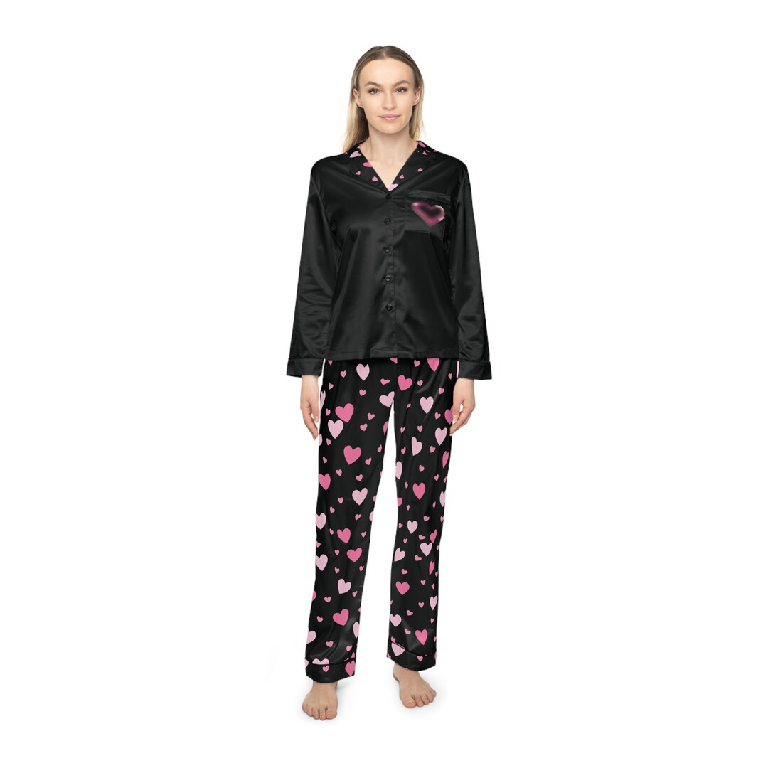 Satin Pajamas, Luxury Black Pajama Set With Pink Hearts, Soft Women's ...