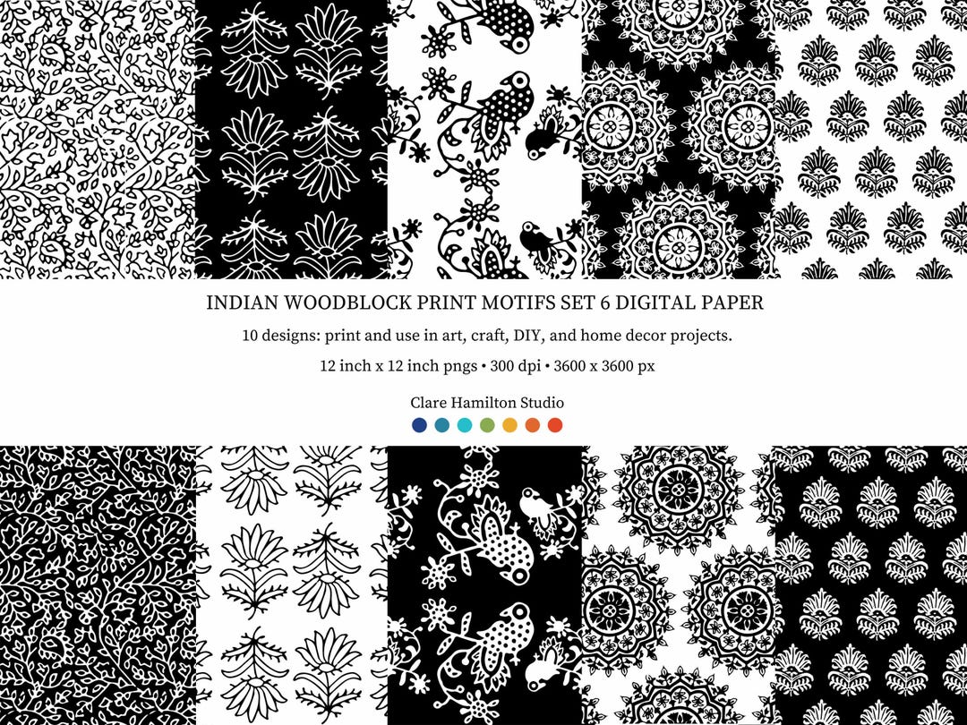 Indian Woodblock Print Motifs Paper Set 6 Scrapbooking Journaling Art ...