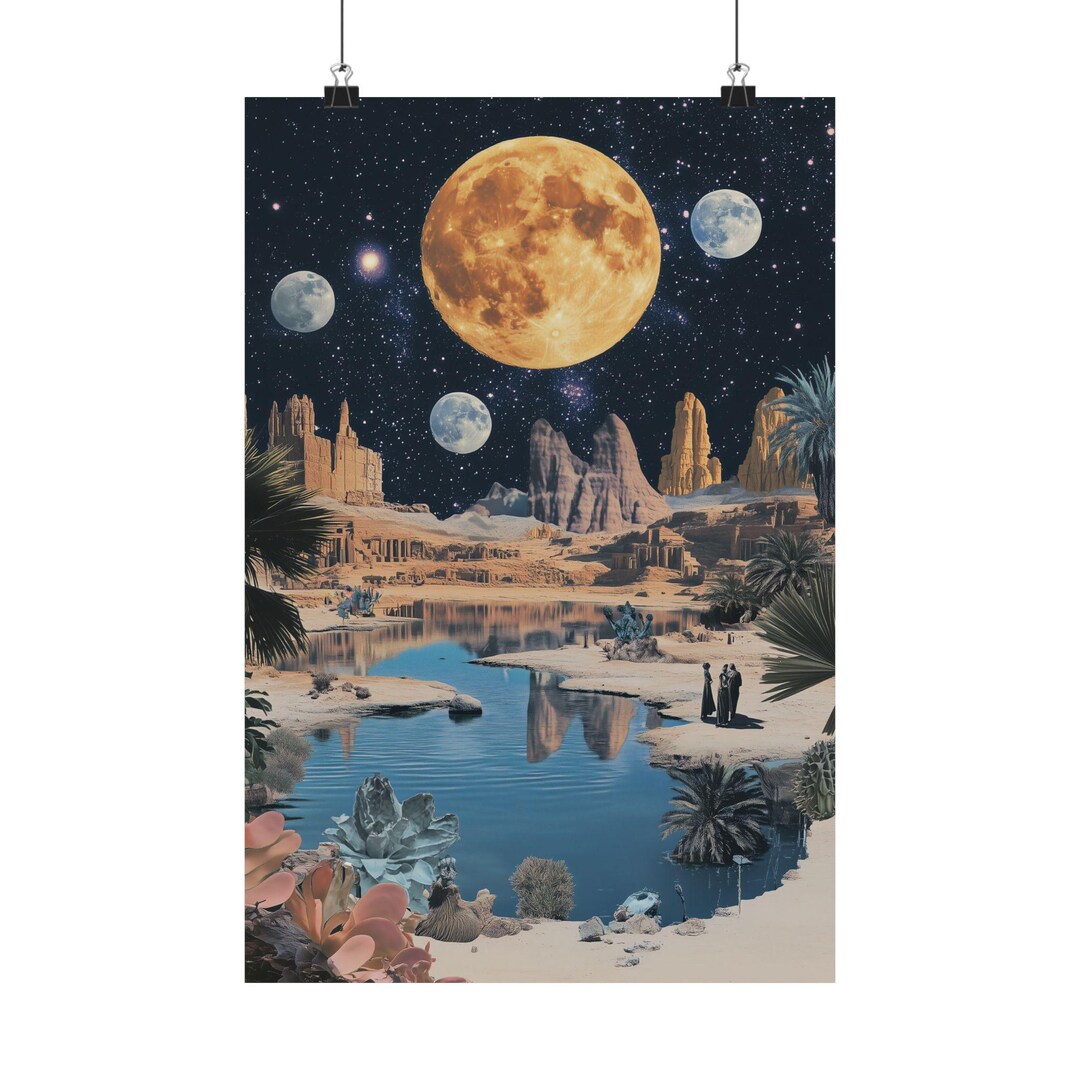 Celestial Oasis Collage | Moon Desert Poster | Starry Night Skyline ...