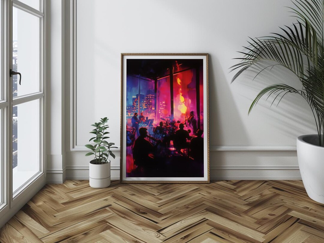 Vibrant 1980s Jazz Band Poster | Retro Cityscape Art | Warm Atmosphere ...