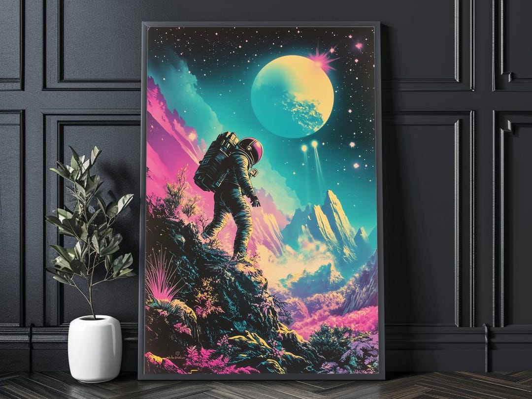 1980s Retro Airbrush Astronaut Poster | Teal Magenta Alien Planet ...