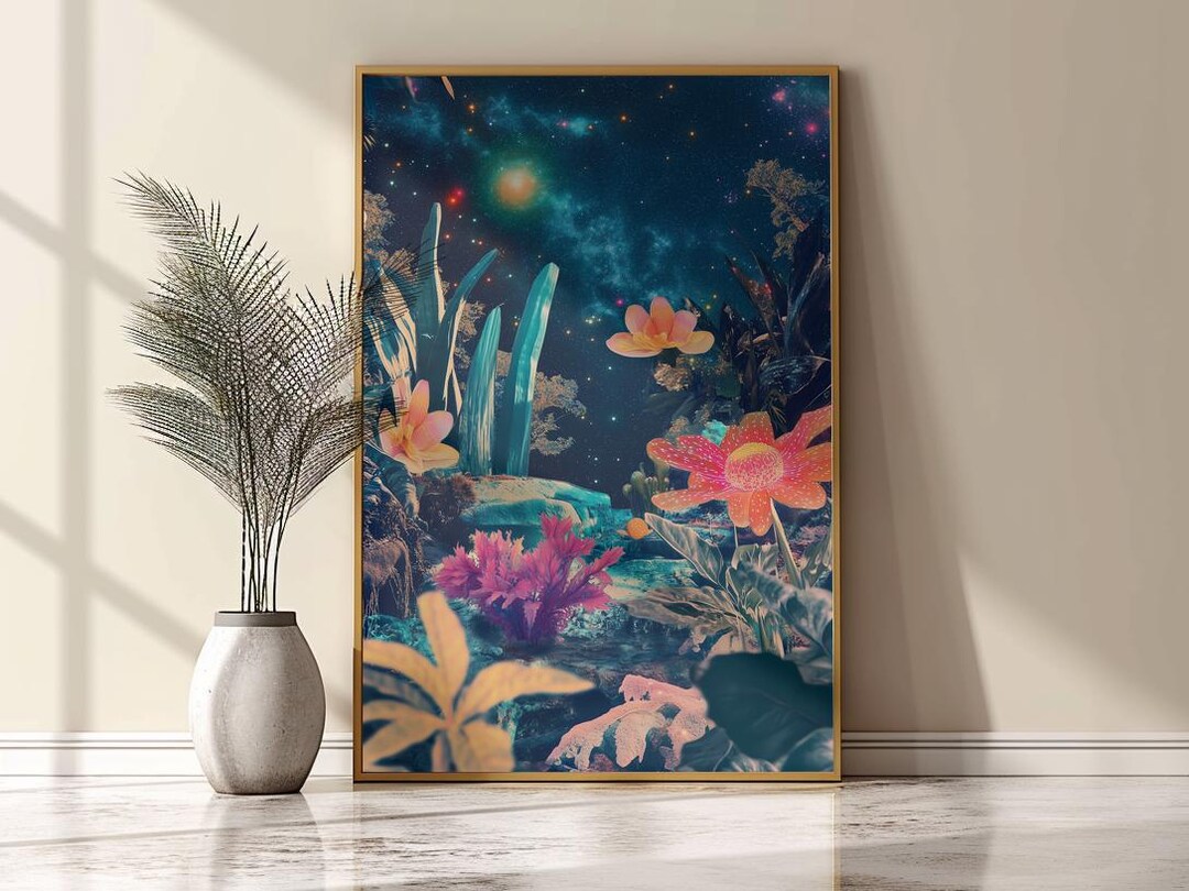Surreal Retro Alien Botanical Garden Art | Cosmic Flora Poster ...