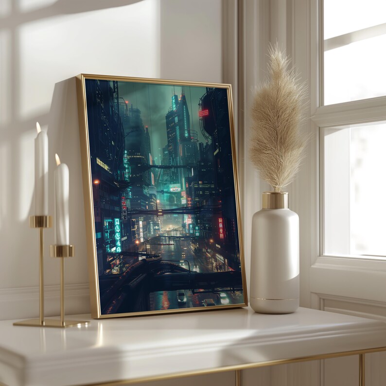 Cyberpunk City Street Poster | Retro-futurism Art | Neon Cool Tones ...