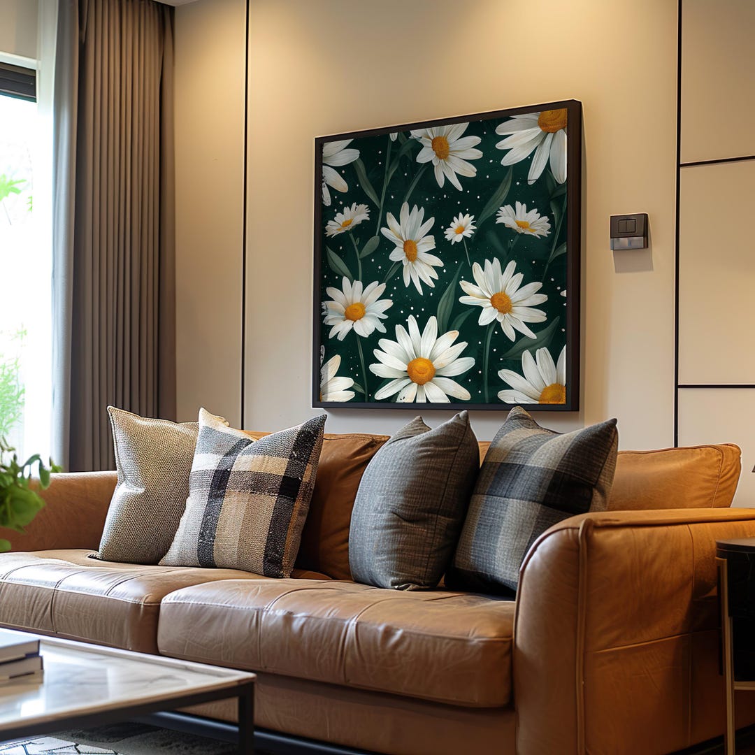 Mid-century Modern Green Daisy Poster | Gouache Screen Print | Retro ...