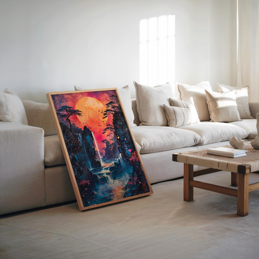 Psychedelic Waterfall Sunset Poster | Vibrant Gouache Acrylic Painting ...