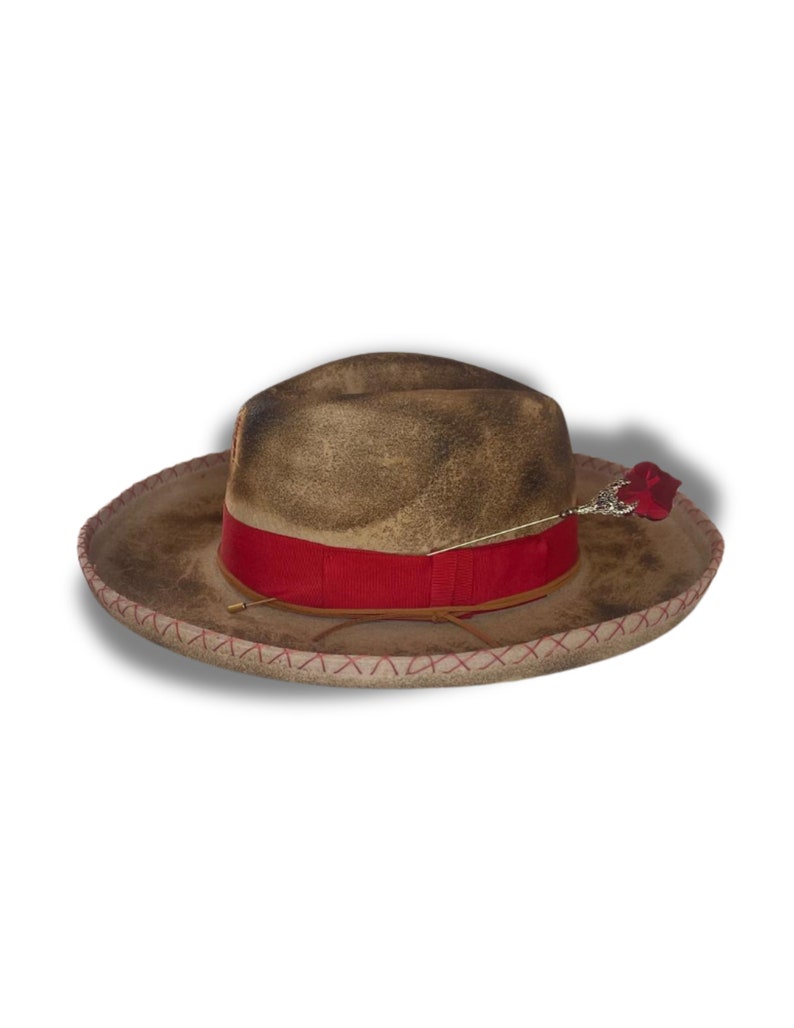 Unique Unisex Western Wide Rim Hat With Red Details - Etsy