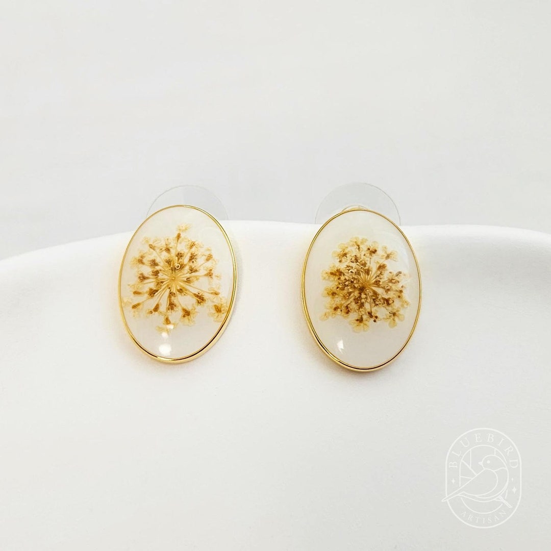 14K Gold-plated Pressed Dandelion Stud Earrings, Enamel Dried Flower ...