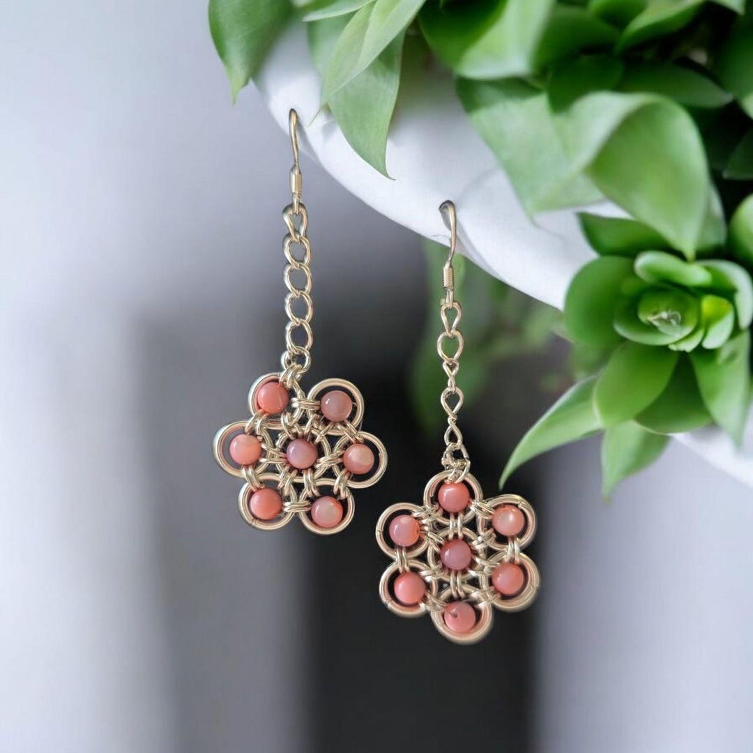Pink Mother of Pearl Chainmail Flower Earrings - Etsy