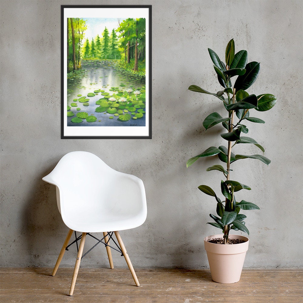 Lotus Pond Painting Watercolor Art Print Water Lily Flower Wall Art ...