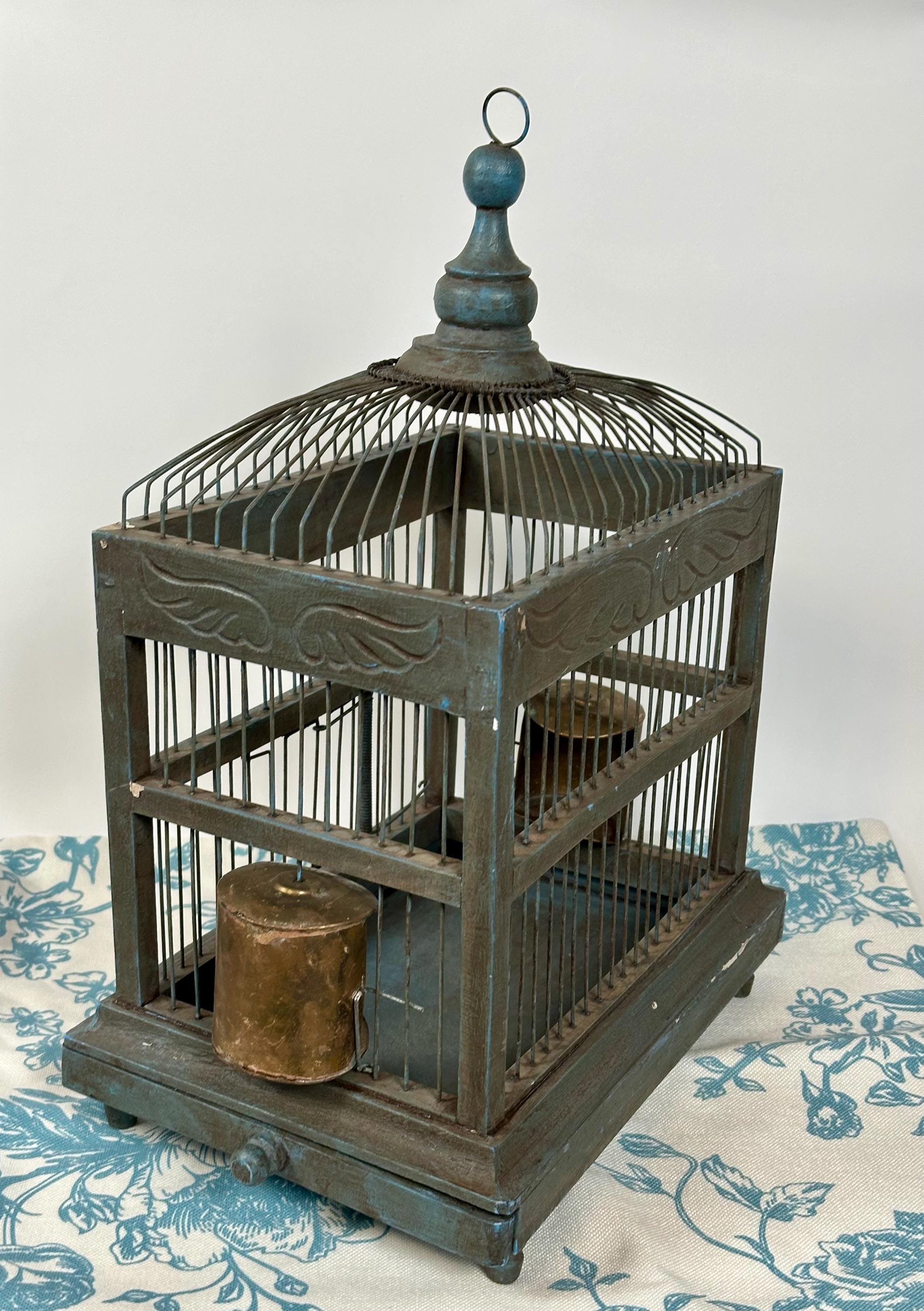 Antique Early Century Wooden and Wire Birdcage. Blue With Carved Decor ...