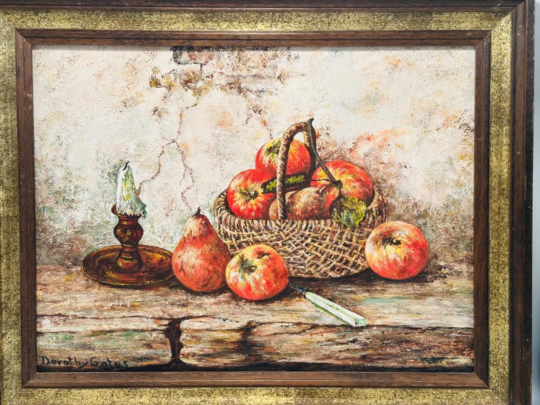 Vintage Fruit Basket Still Life Oil Painting - Gilded Wood Frame. 19" X ...