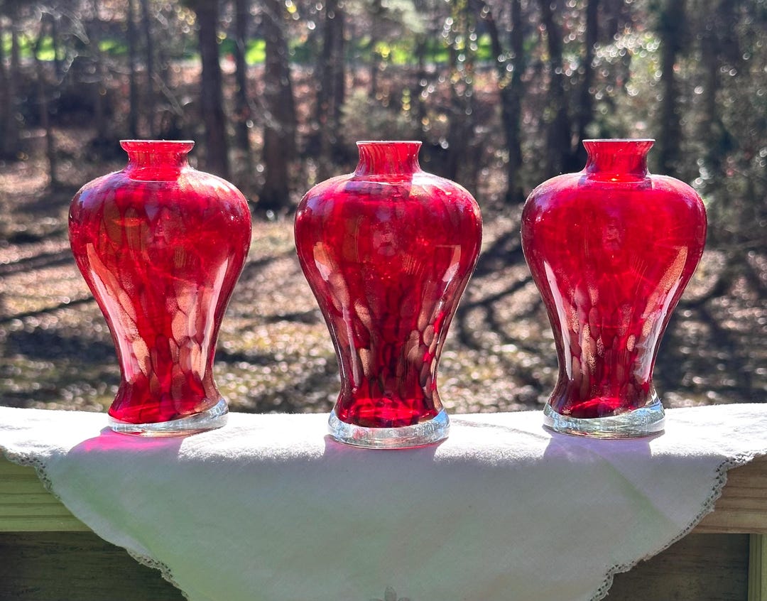 Set of 3 Vintage Handblown Art Vases - Ruby Red Glass Mingled W Gold ...