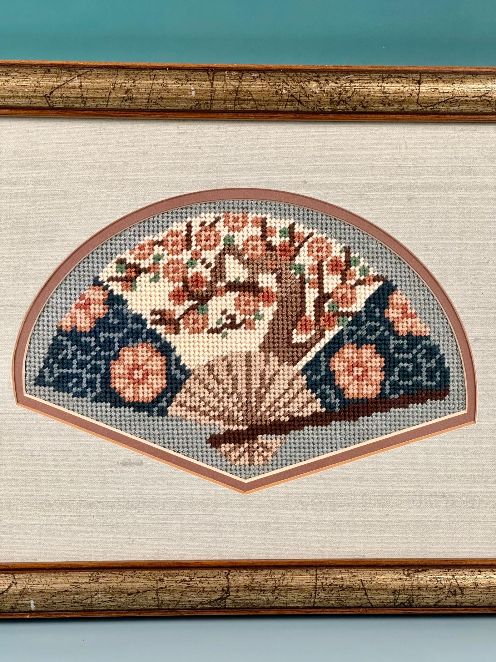 Vintage Framed Asian Fan Cross Stitch Artwork. Matted/ Glass. Blue Pink ...