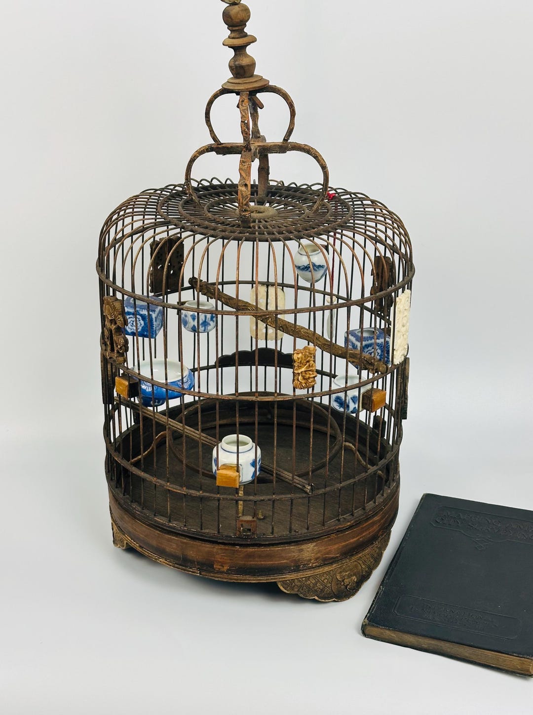 Antique 1800s Chinese Bamboo Birdcage Carved Bone & Wood Inlay W ...
