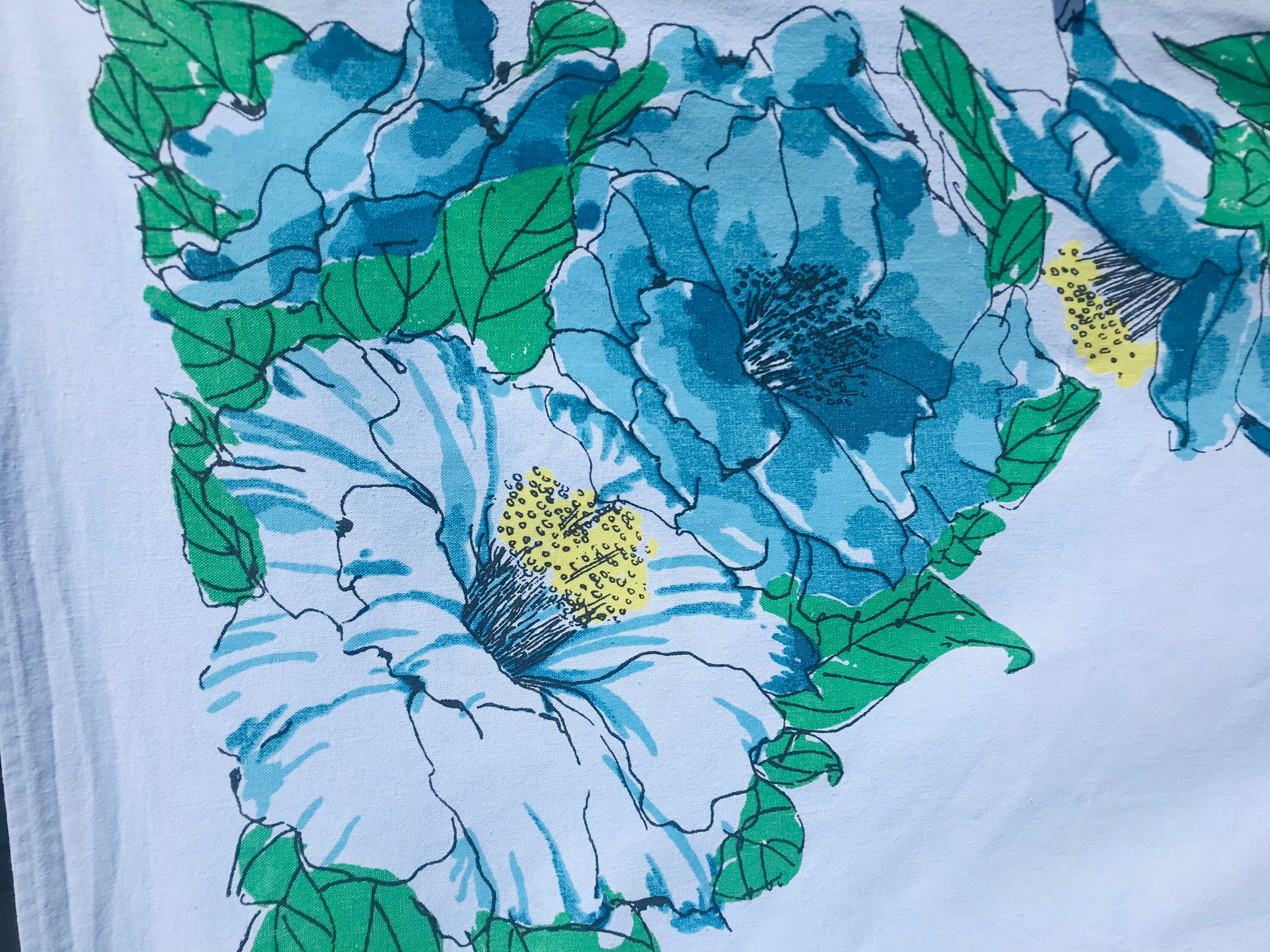 Vera Tablecloth Cotton White Poppies on Blue Background Large Picnic ...