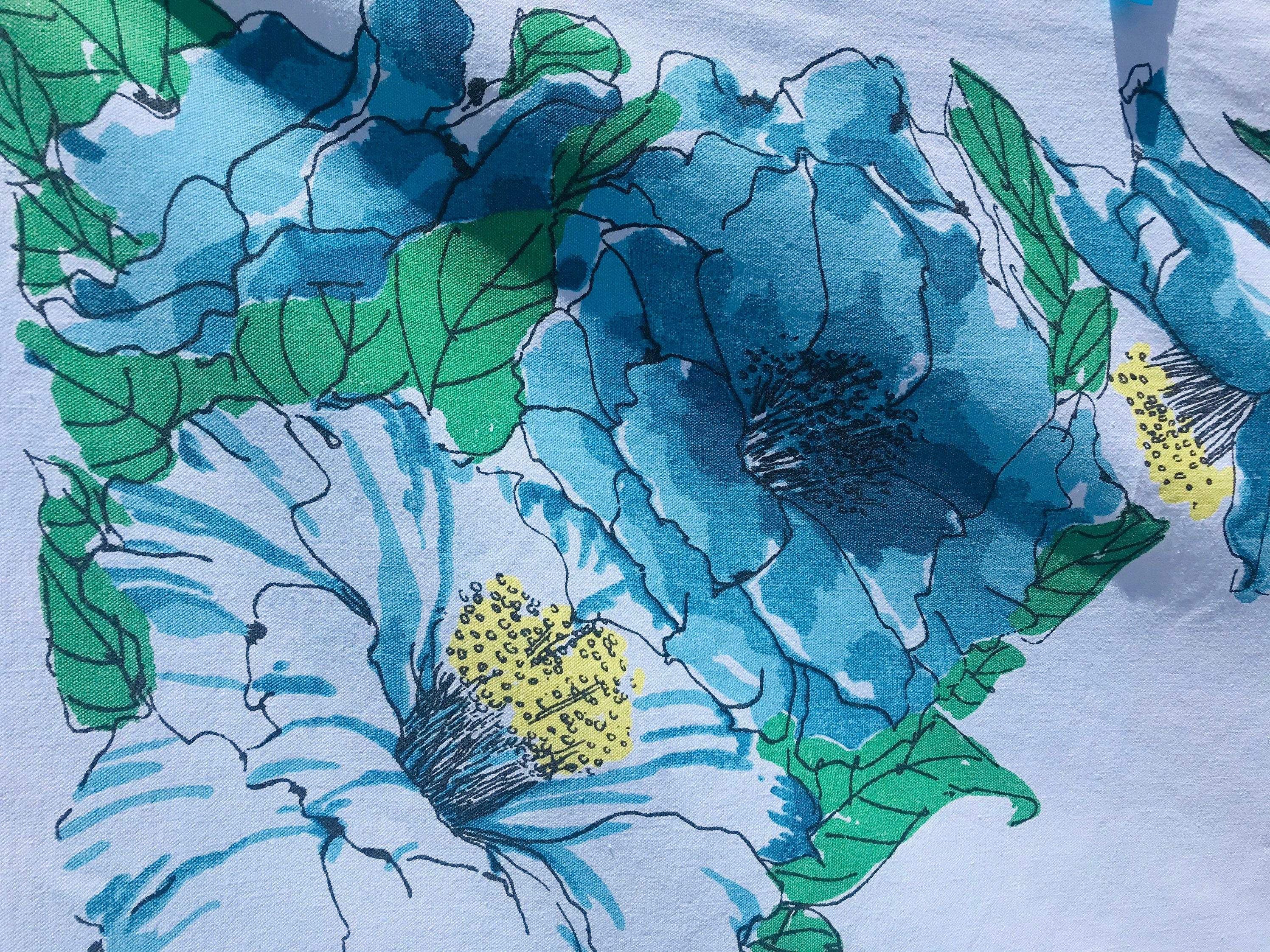 Vera Tablecloth Cotton White Poppies on Blue Background Large Picnic ...