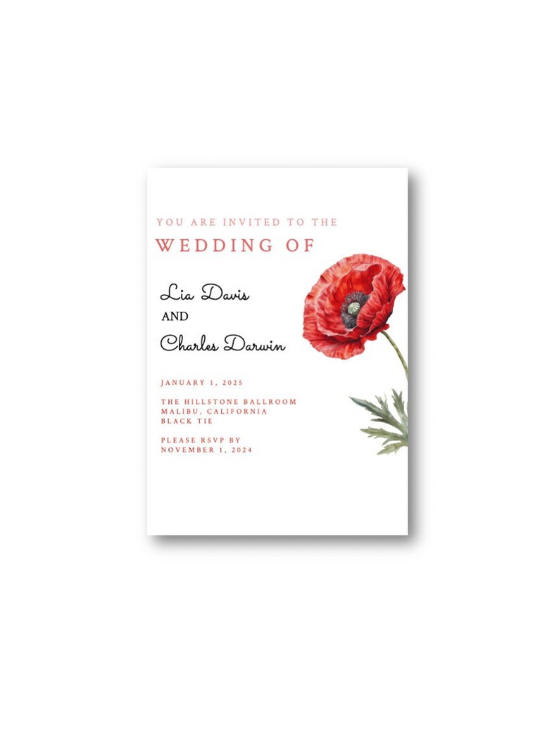 Red Poppy Invitation; Wedding Invitation; Red and Black Wedding ...