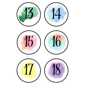 Watercolor Number Labels Bright Colors, Round Number Labels, Circle ...