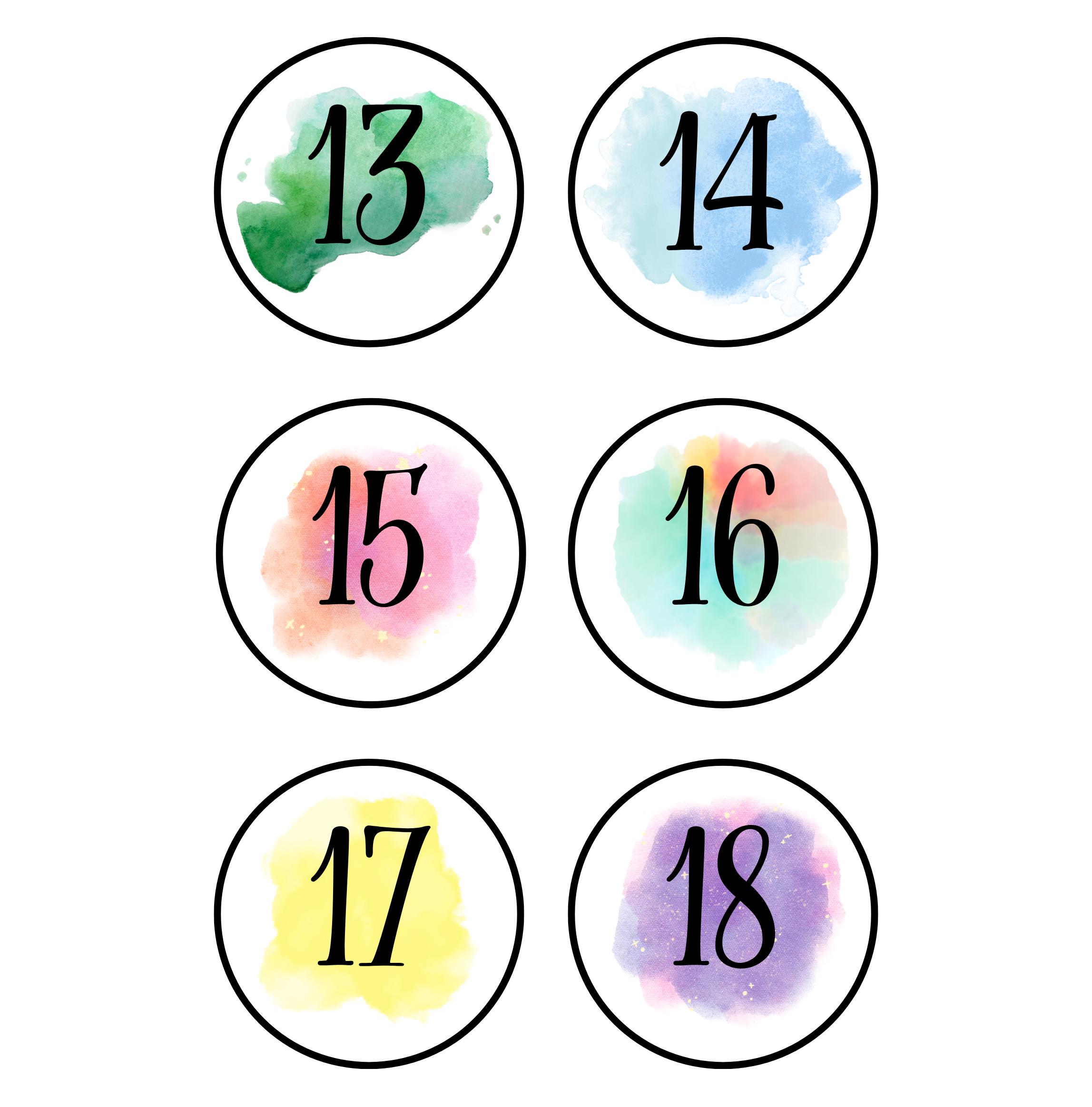 Watercolor Number Labels Bright Colors, Round Number Labels, Circle ...