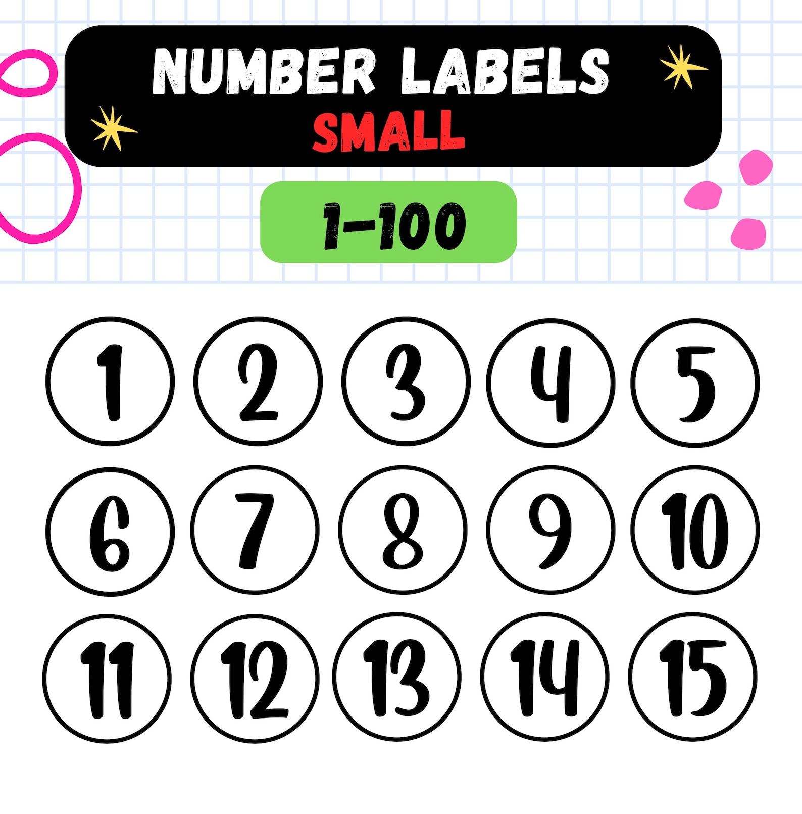 Black and White Small Number Labels 1-100 Printable, Round Number ...
