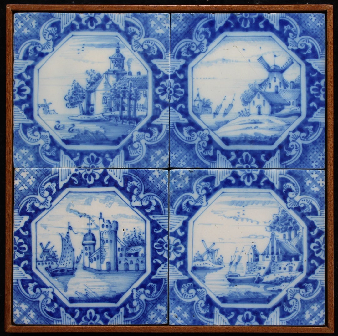 4 Delftware Tinglaze Delft Blue Handpainted Tiles Made in Utrecht 19th ...