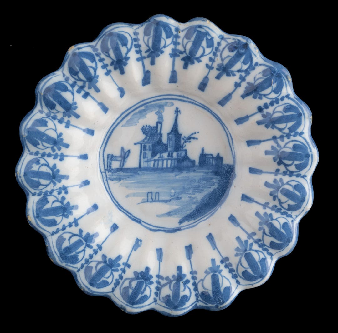 Dutch Delft Blue and White Lobed Dish With Landscape Northern ...