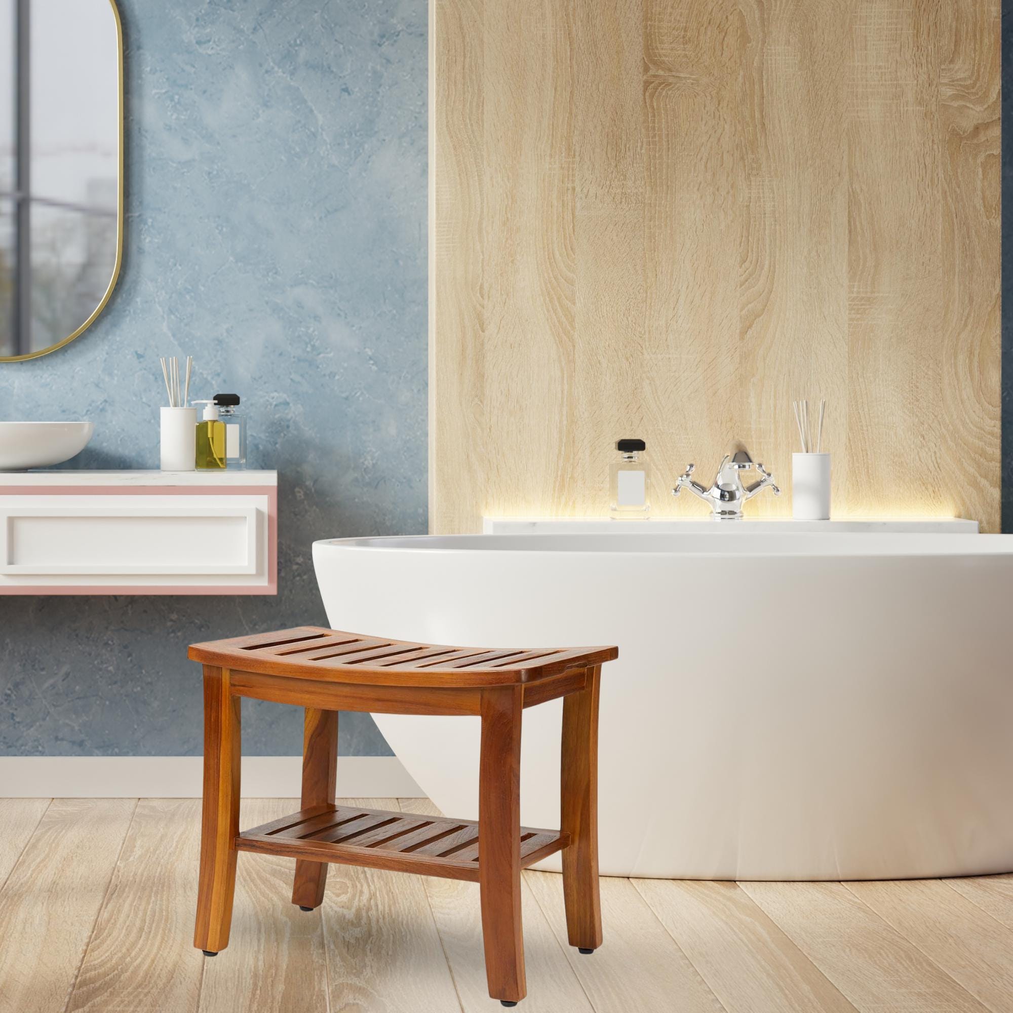 Acacia Shower Bench With Shelf 21 Inch, Wood Shower Stool & Spa, Bath ...
