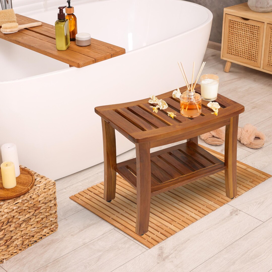 Acacia Shower Bench With Shelf 21 Inch, Wood Shower Stool & Spa, Bath ...