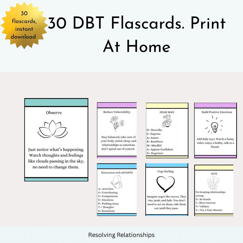 DBT Skills Flashcards | Mindfulness | Distress Tolerance | Therapy ...