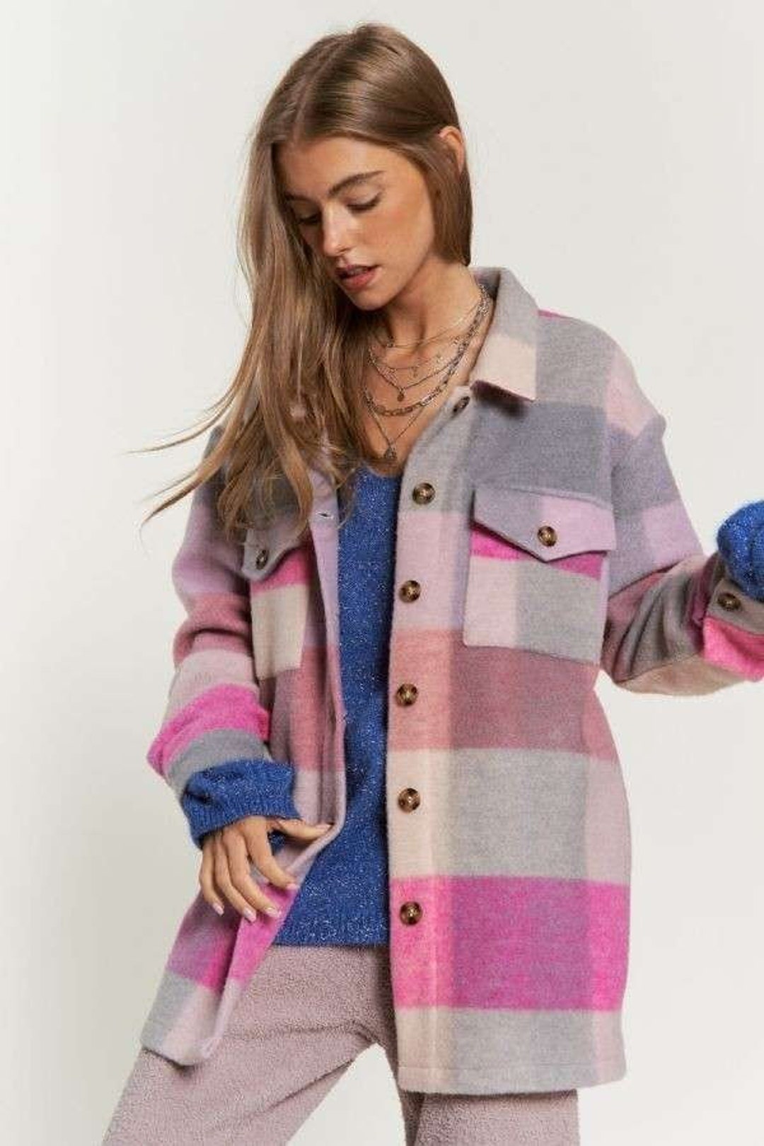 New Plaid Shacket Jacket Shirt Fuzzy Warm Western Shabby Chic Preppy ...