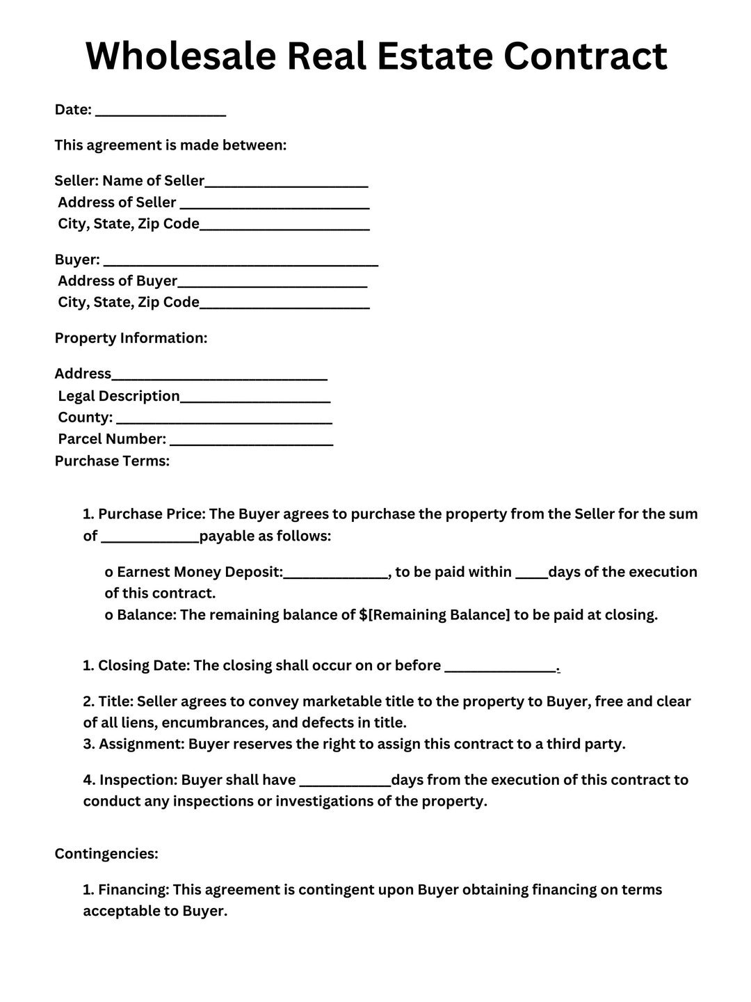 Wholesale Real Estate Contract-downloadable - Etsy