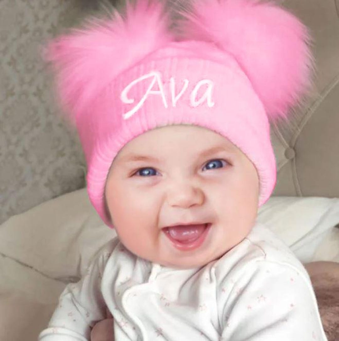 Personalized Baby Pom Pom Hat, Custom Name Knitted Beanie, Double Pom ...