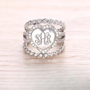 Sterling Silver Monogram Ring, Stackable Monogram Ring, Custom Initial Stacking Jewelry, Hexagon ...