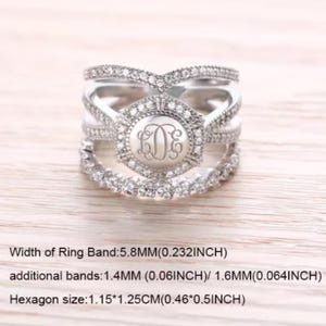 Sterling Silver Monogram Ring, Stackable Monogram Ring, Custom Initial Stacking Jewelry, Hexagon ...