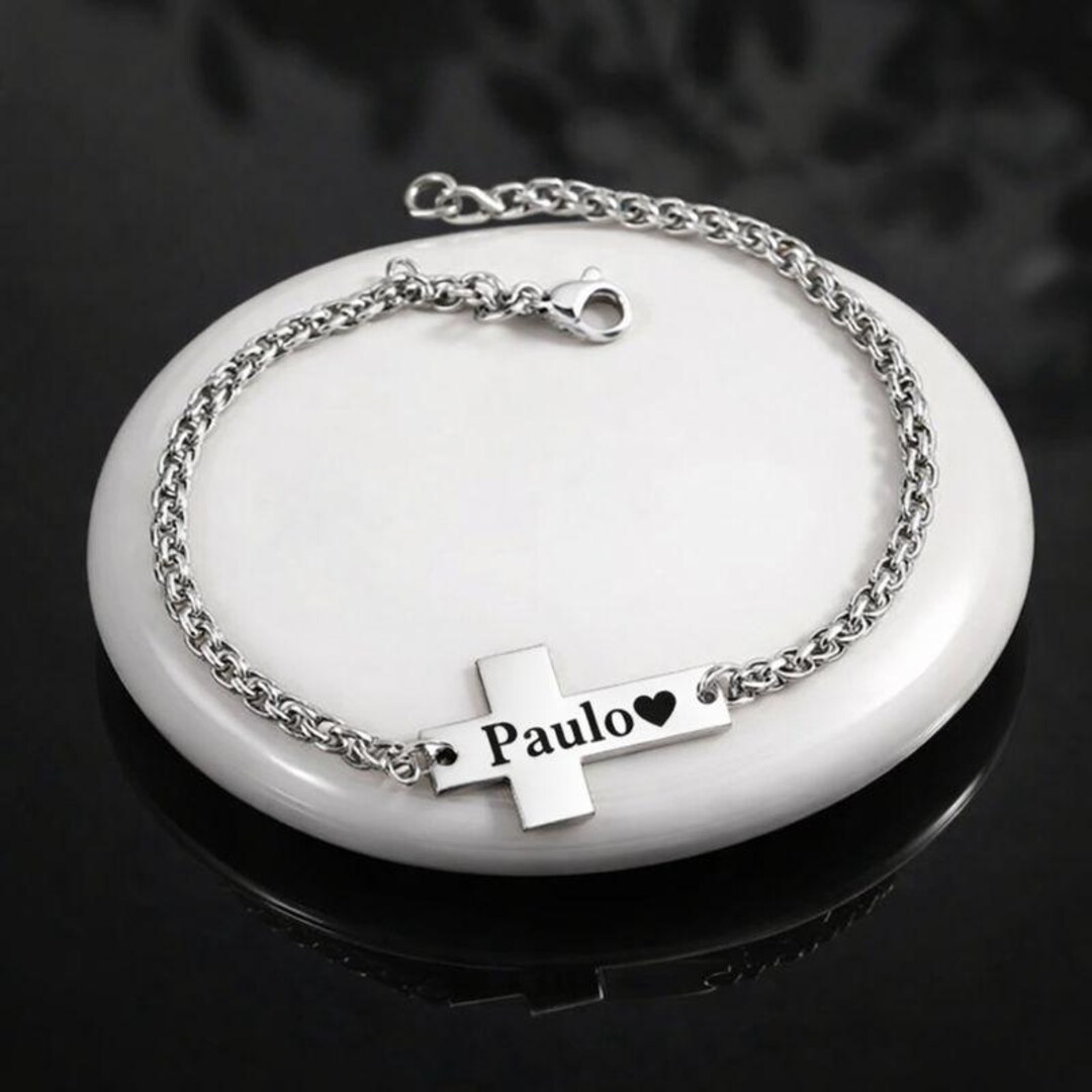 Custom Engraved Cross Name Bracelet, Stainless Steel ID Nameplate ...