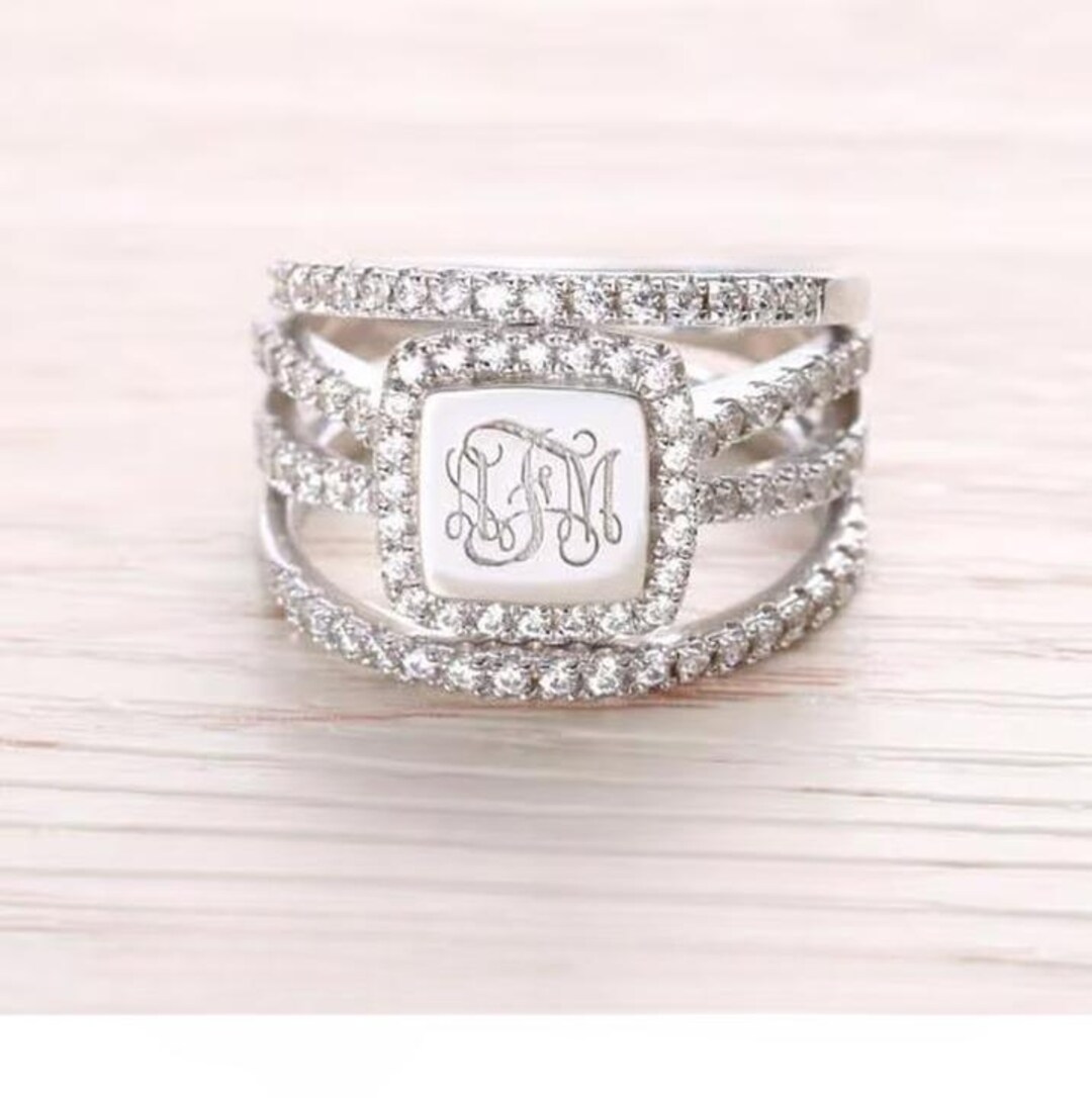 Sterling Silver Square Monogram Rings, Stackable Initial Rings, Monogram Jewelry Set, Hexagon CZ ...