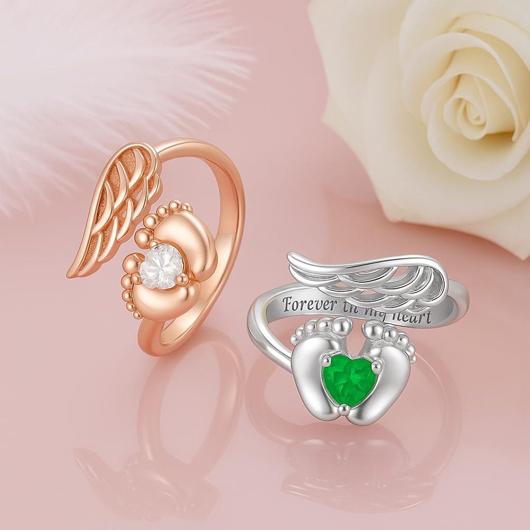 Sterling Silver Angel Wing Memorial Ring: Baby Feet Birthstone Keepsake ...