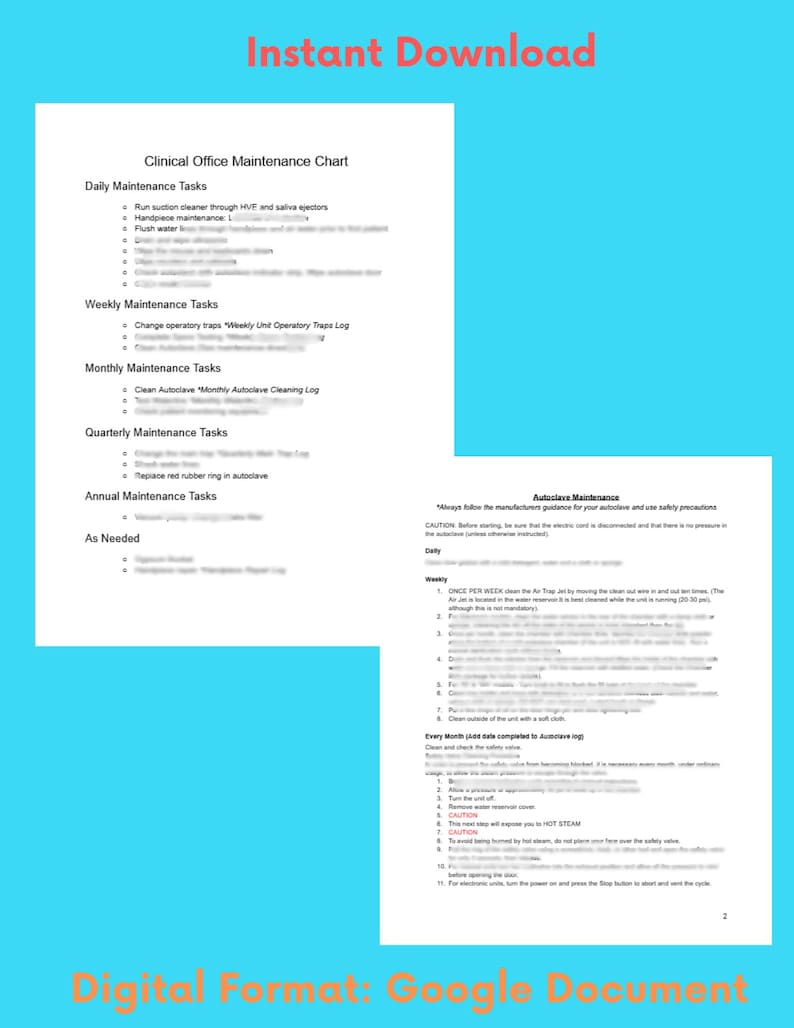 Dental Office Operations Binder- Clinical Maintenance Logs, Cleaning ...