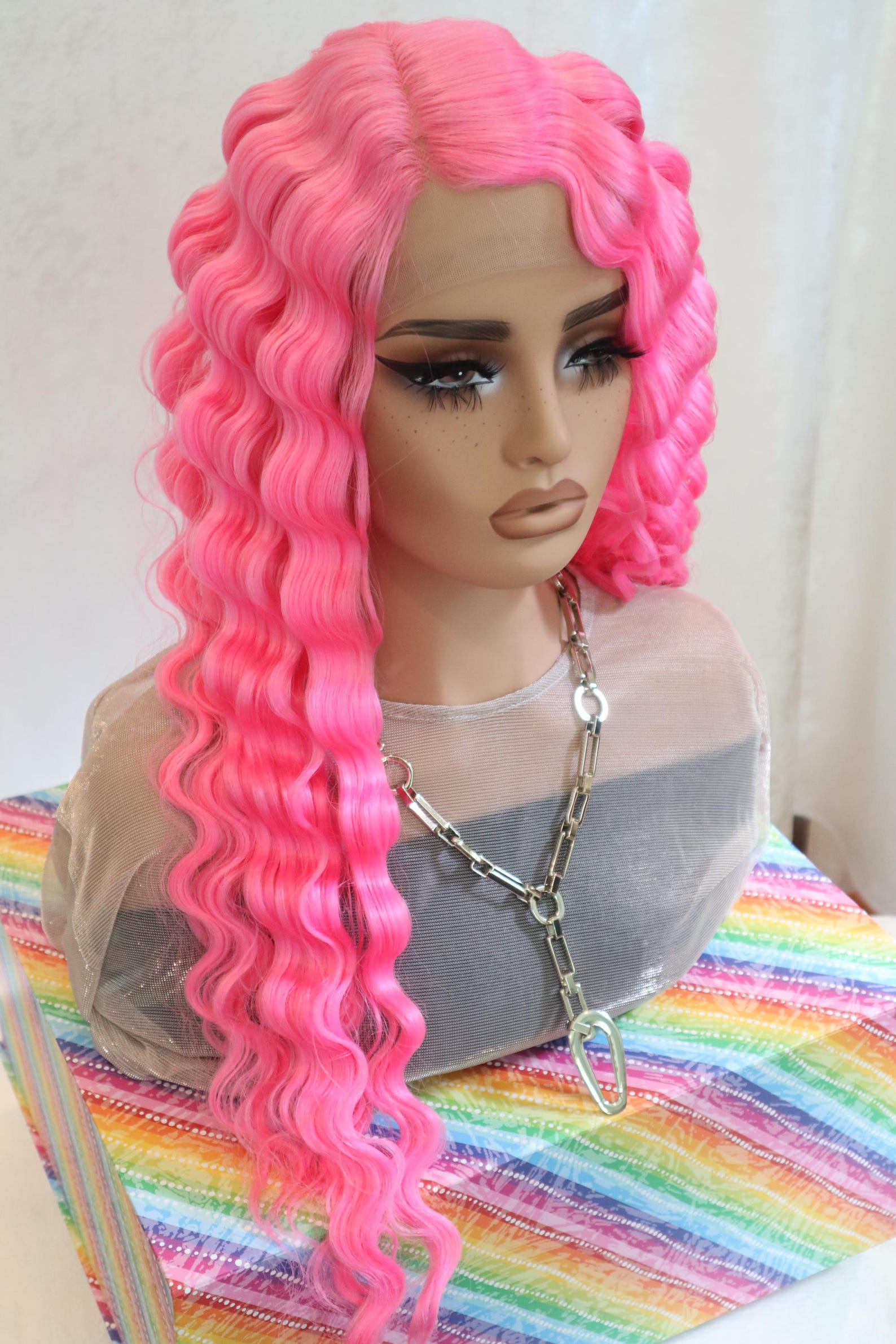 Long Front Lace Wavy Hot Pink Wig - Bold & Beautiful Pink Waves - Etsy