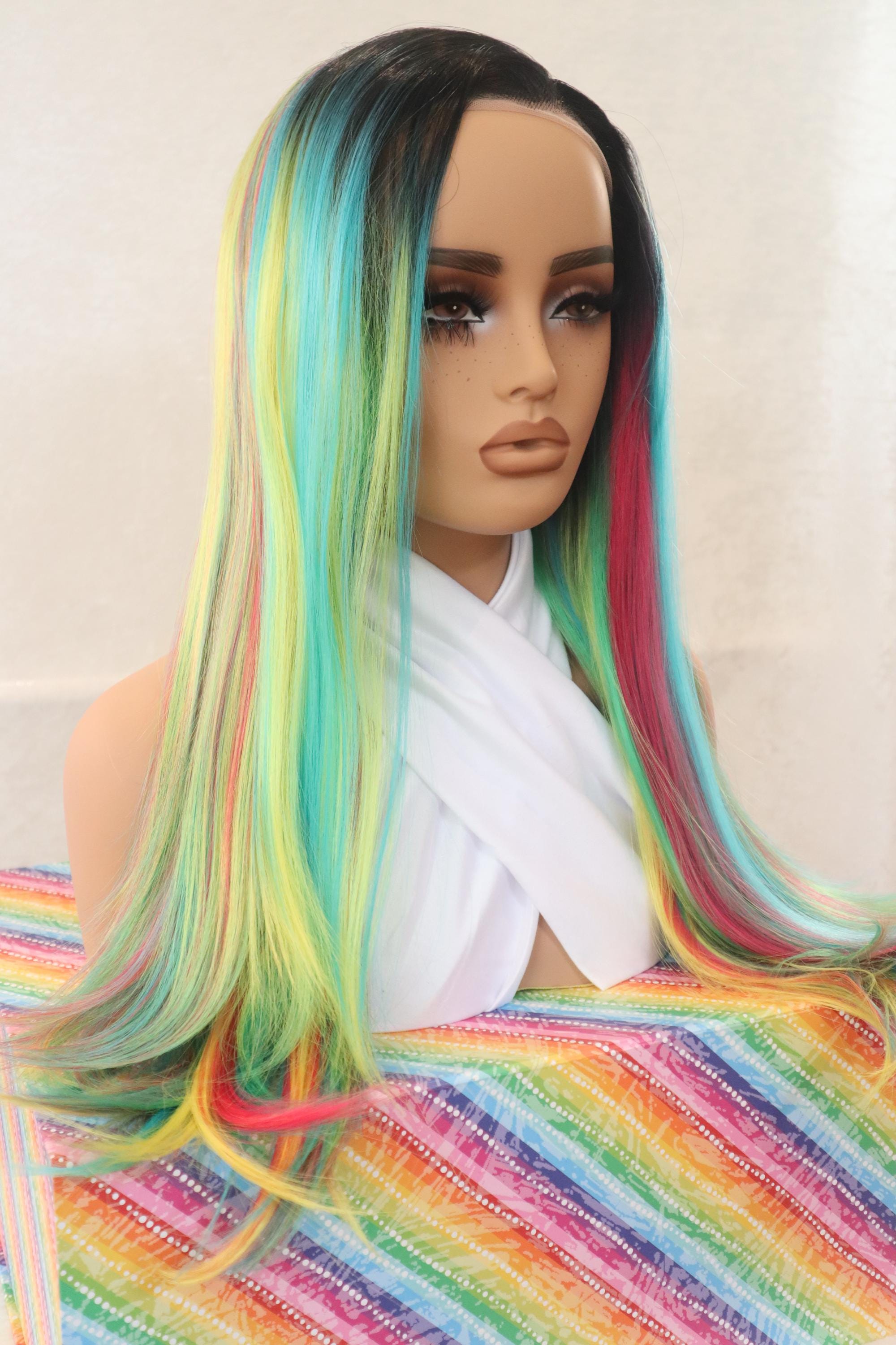 Color Parade – Vibrant Multi-color Lace Front Wig, 24" Straight & Easy ...