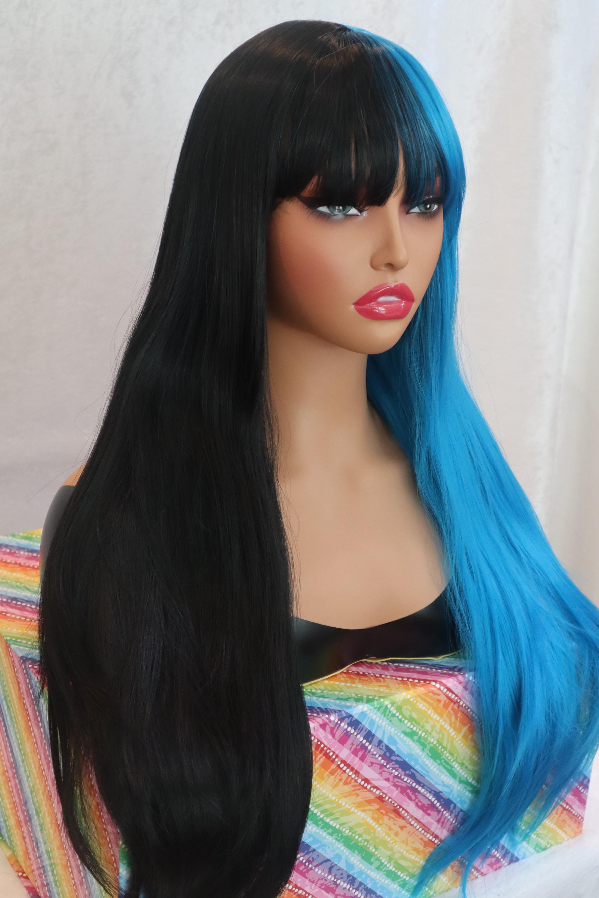 Half Neon Bright Blue & Half Jet Black Straight Wig With Half-colored ...