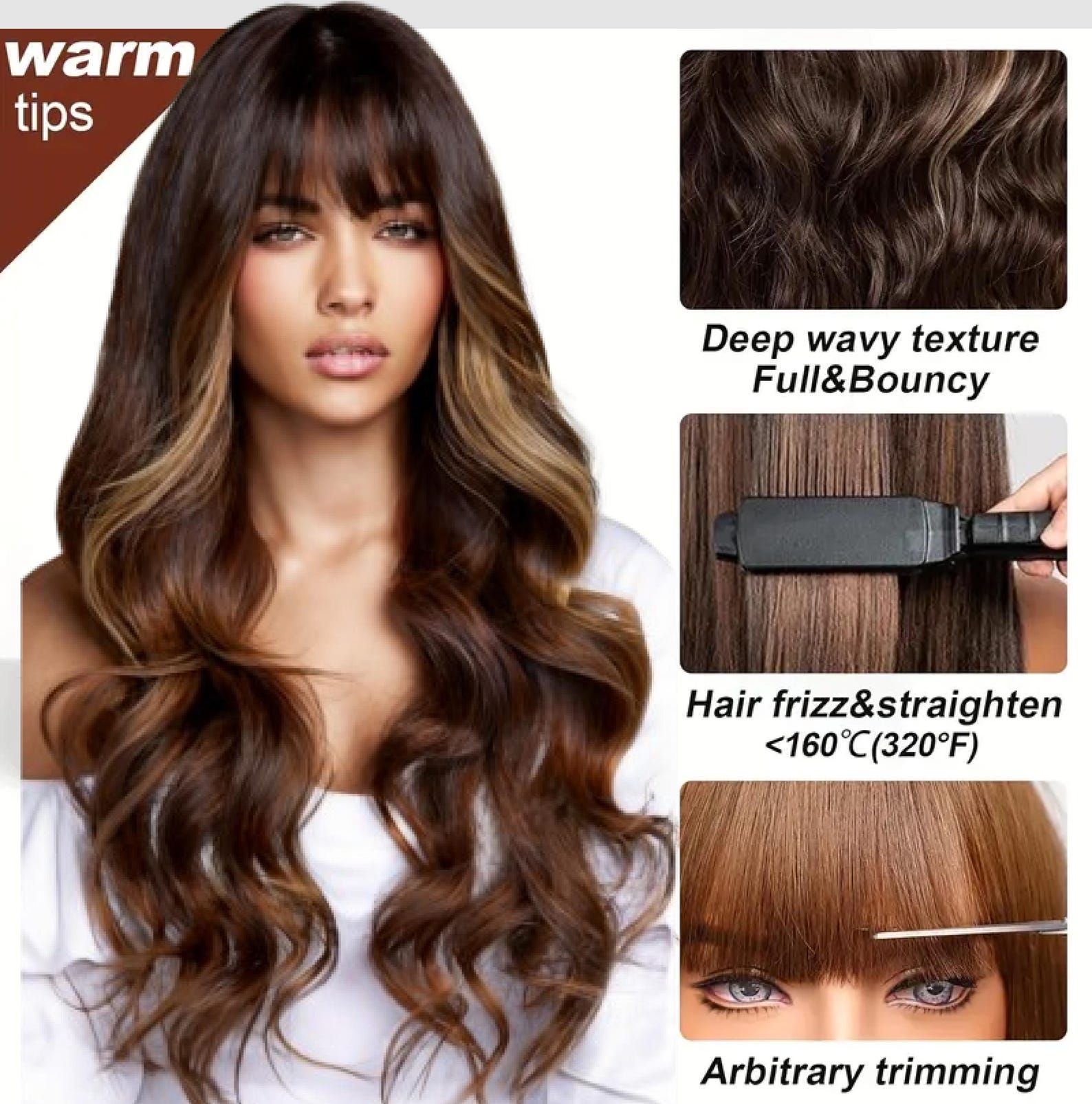 Natural Dark Brown Wavy Wig With Blonde Highlights and Soft Light Bangs ...